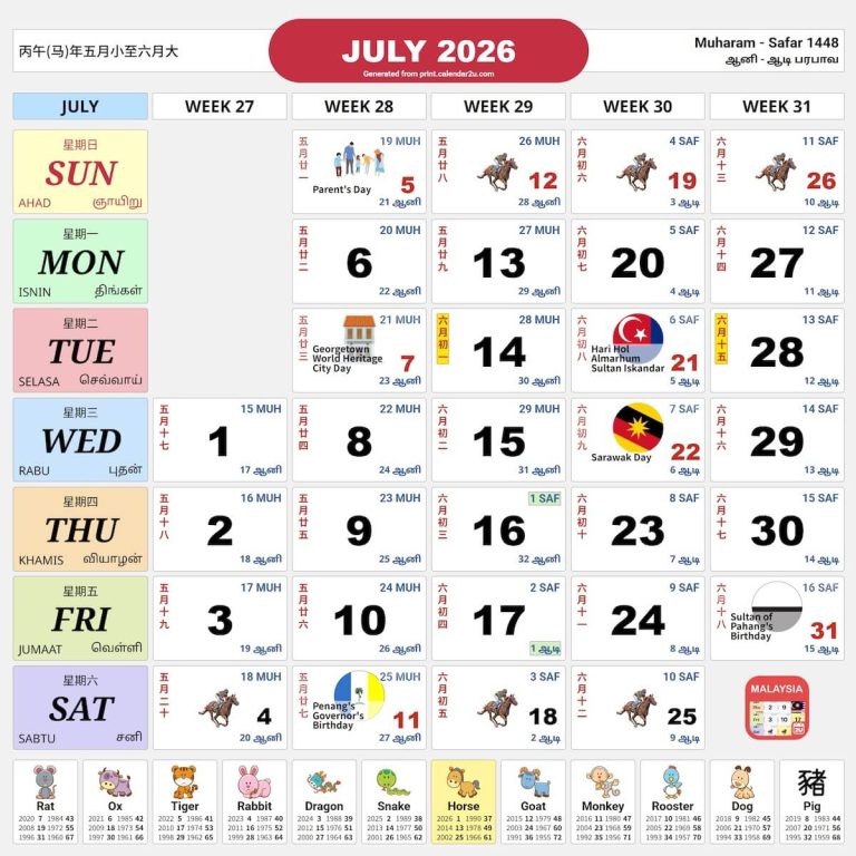 Kalendar Malaysia 2026 - Kalendar Kuda Tradisional (Cuti Sekolah ...