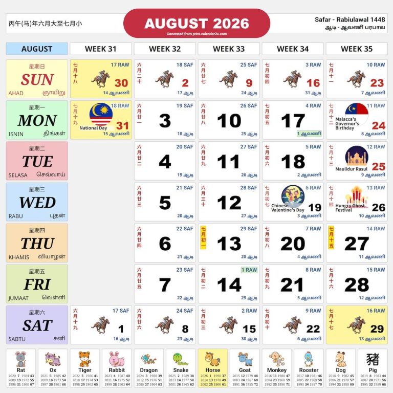 Kalendar Malaysia 2026 - Kalendar Kuda Tradisional (Cuti Sekolah ...